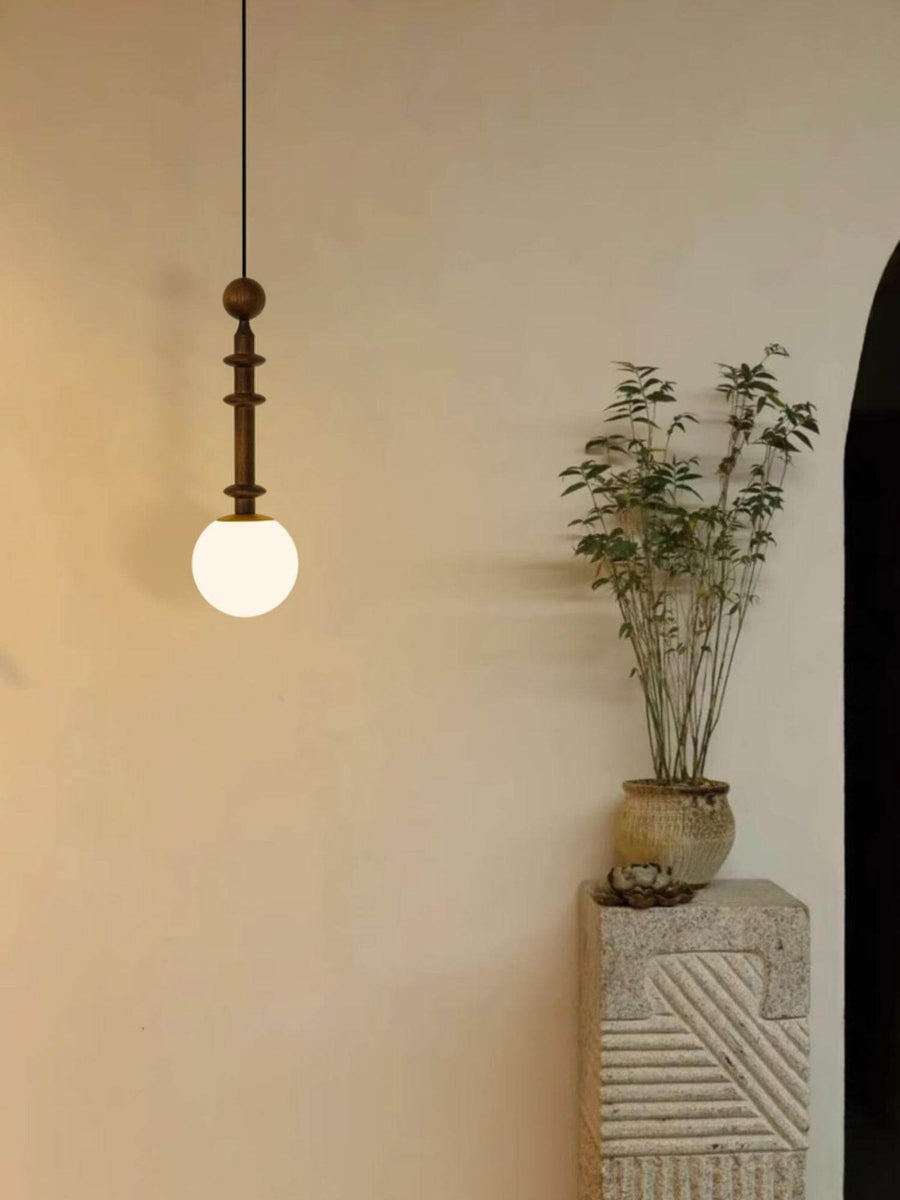 Roman Column Pendant Light – Retro Wood & Blown Glass Fixture – Vinlighting