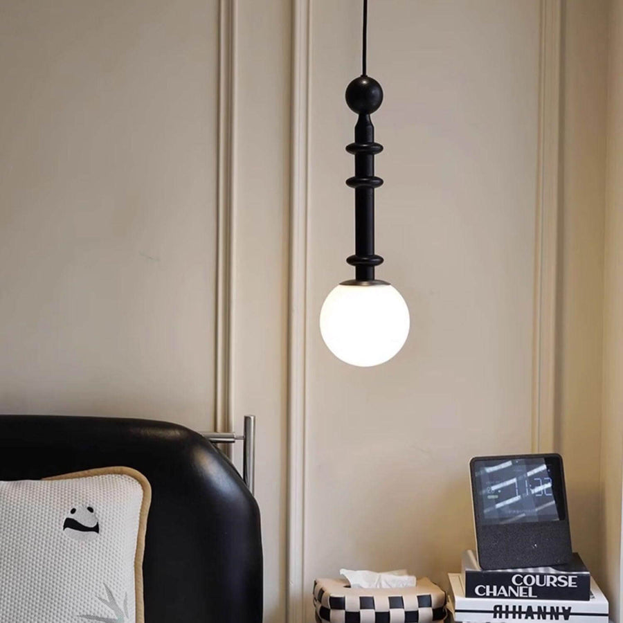 Roman Column Pendant Light – Retro Wood & Blown Glass Fixture – Vinlighting